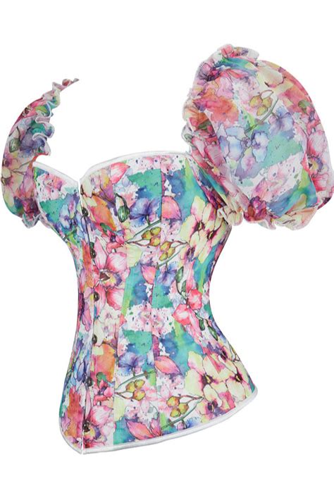 Floral Puff Sleeves Lace Up Bustier Corset Top Dreamdressy
