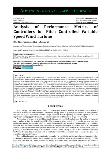 Pdf Analysis Of Performance Metrics Of Controllers For Pitch Controlled Variable Speed Wind