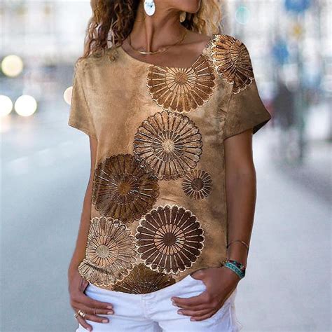 Купити Жіноча футболка з 3d квітковим принтом блузка з V подібним вирізом і коротким рукавом