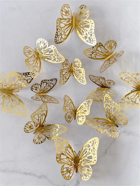 12pcsset 3d Hollow Butterfly Wall Sticker Cake Decor Toppers Wedding