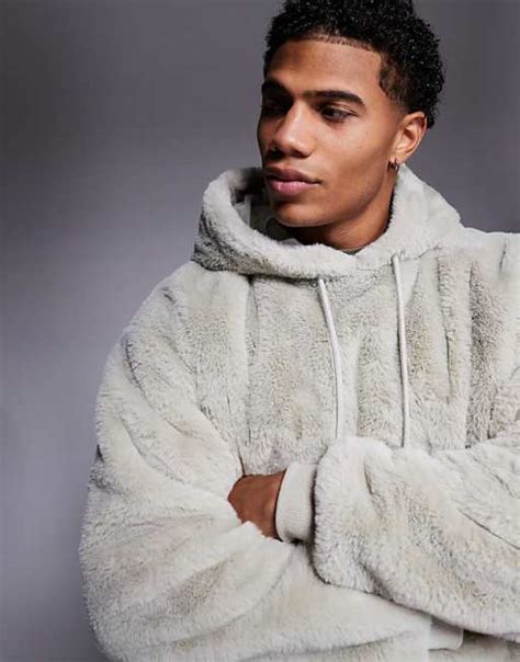 Asos Design Oversized Faux Fur Hoodie In Beige Asos