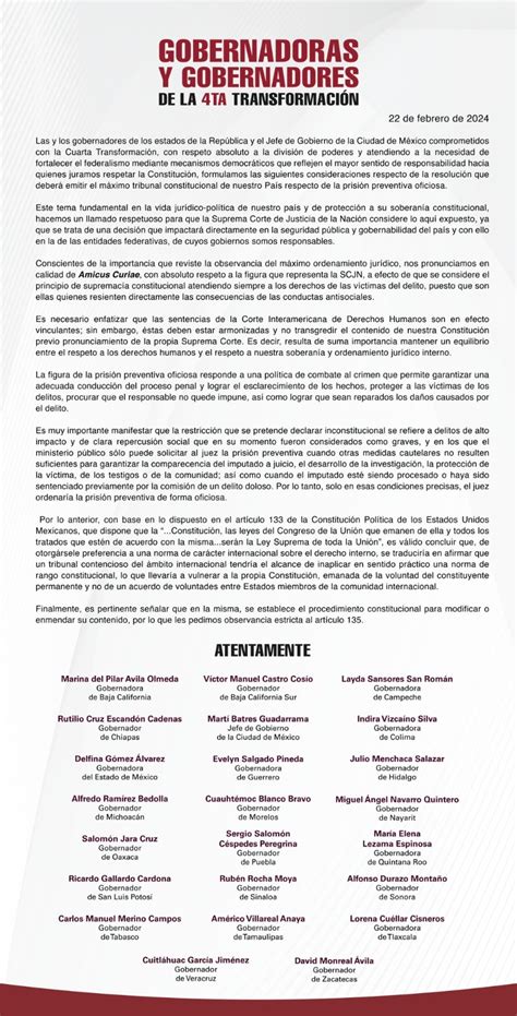 Gobernadores De La 4t Piden A La Scjn Mantener La Prisión Preventiva