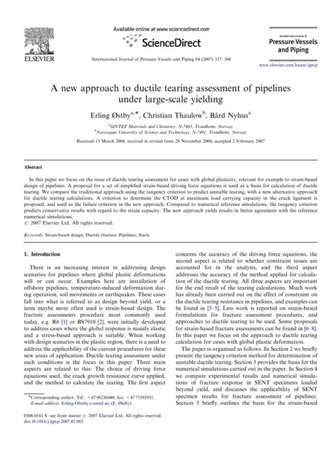 A New Approach To Ductile Tearing Assessment Of Pipelines Under Large Scale Yielding Pdf