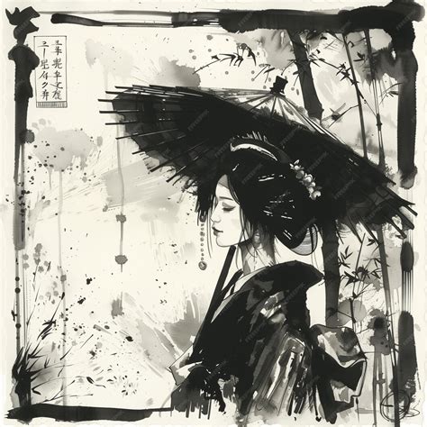 Premium Photo A Geisha Girl In A Kimono With An Umbrella