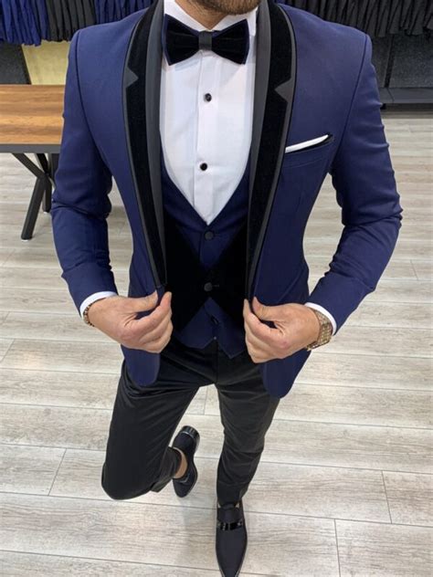 Aysoti Kauzicm Navy Blue Slim Fit Peak Lapel Plaid Suit Aysotiman
