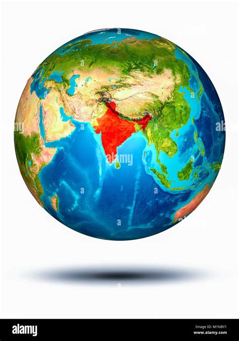 India In Red On Model Of Planet Earth Hovering In Space 3d