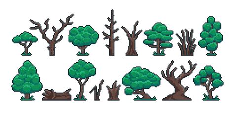 Pixel Tree Trunk Retro Bit Video Game Sprite Asset Green Trees Old Dry Stump Trunk And Log