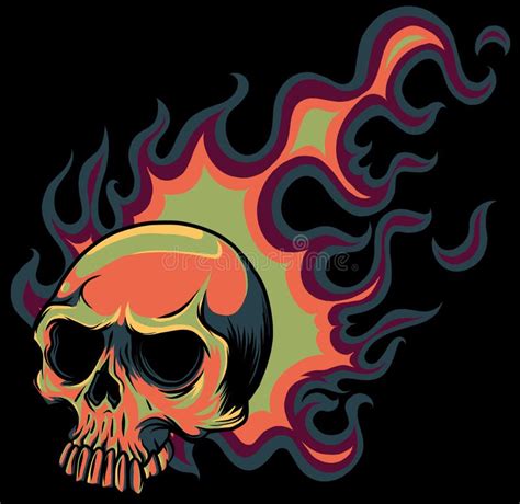 Skull On Fire With Flames Vector Illustration On Black Background Stock