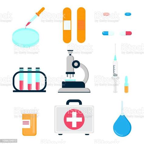 병원 의학 응급 처치 키트 및 실험실 장비 분석 백신 및 치료 Peoplescience 것 들 평면 스타일 디자인 벡터 일러스트