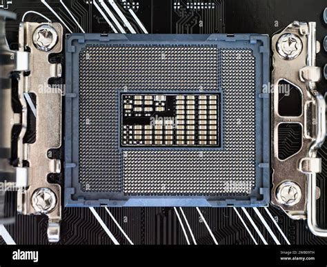 Closeup Top View Of A CPU Socket On A Black Motherboard Semiconductor Electronic Industry