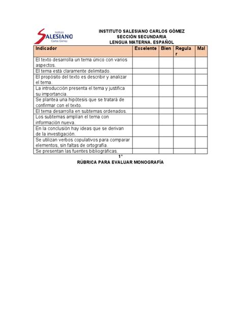 Rúbrica Para Evaluar Monografía Pdf