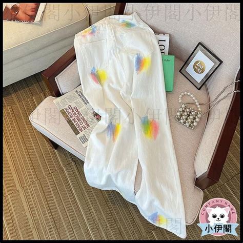 小伊閣 扎染涂鴉直筒牛仔褲女秋季新款白色闊腿褲高街潮垂感闊腿拖地長褲直筒褲寬管褲喇叭褲緊身褲束腳褲運動褲 Yahoo奇摩拍賣