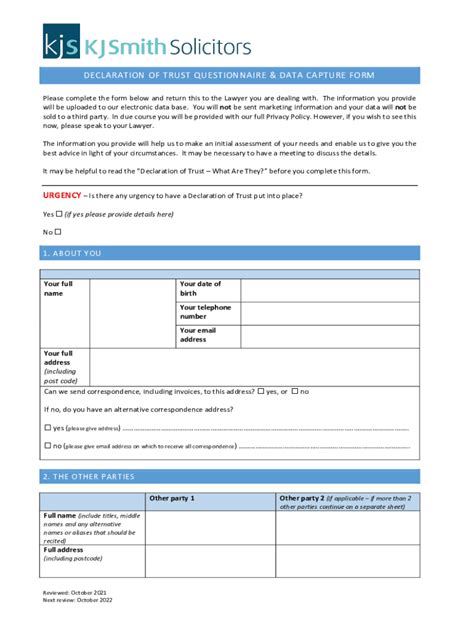 Fillable Online Declaration Of Trust Questionnaire Data Capture Form