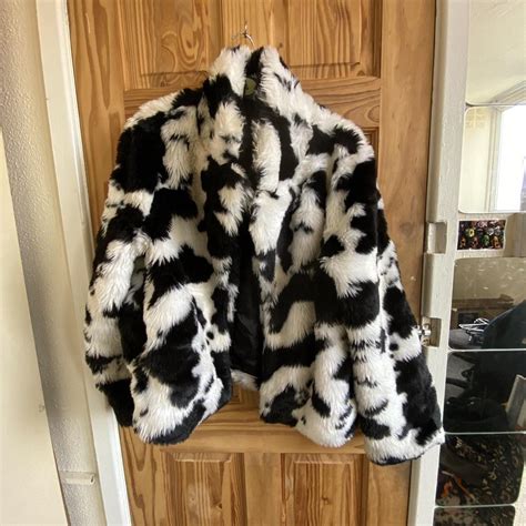 Nasty Gal Faux Fur Cow Print Jacket Size Large Depop