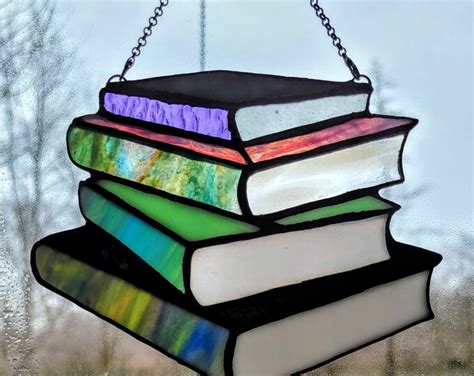 Library Book Stack Stained Glass Suncatcher Four Books Etsy
