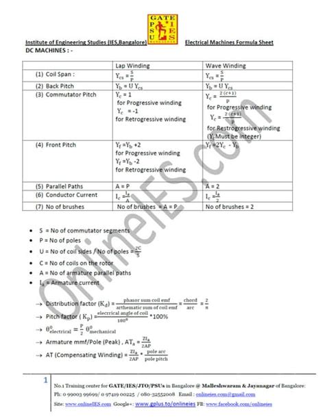 Electrical Machines Formula Sheet For Gate Pdf