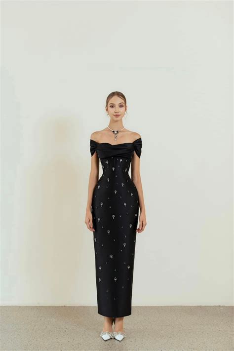 Vivian Black Off Shoulder Pencil Midi Dress Cult Mia Hacchic Couture