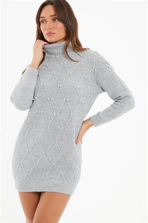Quiz Grey Knitted Pearl Embellished Jumper Dress Matalan