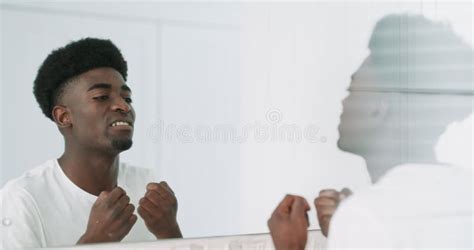 Man Mirror And Floss Teeth In Bathroom For Healthy Dental Care Gum