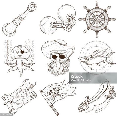 해적 물건을 설정합니다 스파이글래스 문어 다리미 스티어링 휠 보물지도 유쾌한 로저 플래그 상어 칼 검에 대한 스톡 벡터 아트 및 기타 이미지 Istock