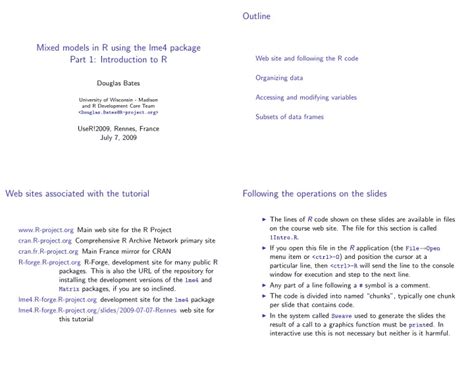 Ppt Outline Mixed Models In R Using The Lme4 Package Part 1