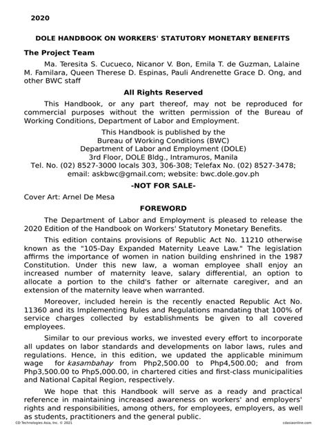 2020 Dole Handbook On Workers Statutory Monetary Benefits Pdf