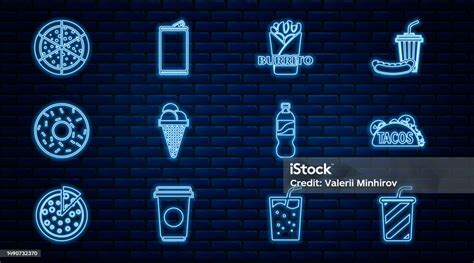 물 타코 토르티야 부리또 와플 콘에 담긴 아이스크림 도넛 피자 병 및 알루미늄 캔 아이콘으로 라인 유리를 설정합니다 벡터 0명에 대한 스톡 벡터 아트 및 기타 이미지