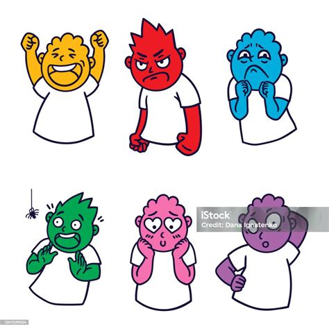 다른 감정과 둥근 추상적 인 얼굴 행복 화가 질문 무서워 슬픔 사랑 이모티콘 아바타에 떨어지는 만화 스타일 플랫 디자인 벡터 일러스트레이션 겁먹은에 대한 스톡 벡터 아트 및