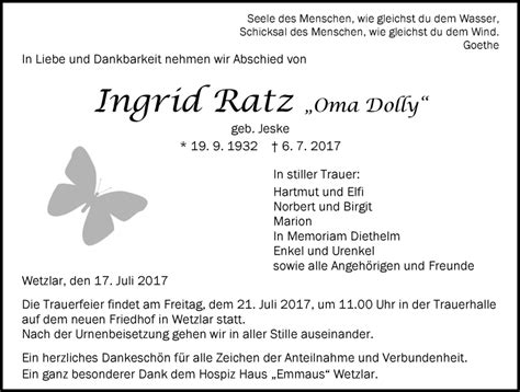 Traueranzeigen Von Ingrid Ratz Vrm Trauerde