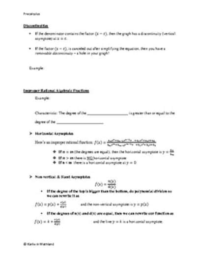 Rational Functions Asymptotes And Discontinuities Notes By Karlie In Mathland