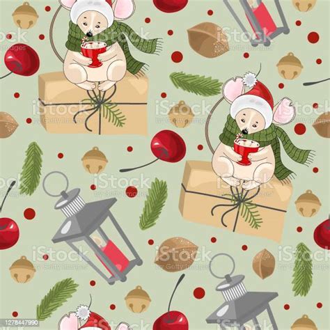 クリスマス要素とマウスとのシームレスなパターンベクターの図紙や布に印刷します お祝いのベクターアート素材や画像を多数ご用意 お祝い