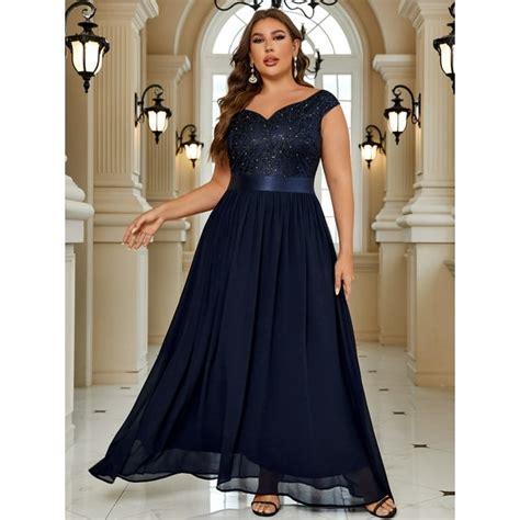 Miusol Plus Size Sweetheart Neck Sequin Insert Contrast Lace Chiffon