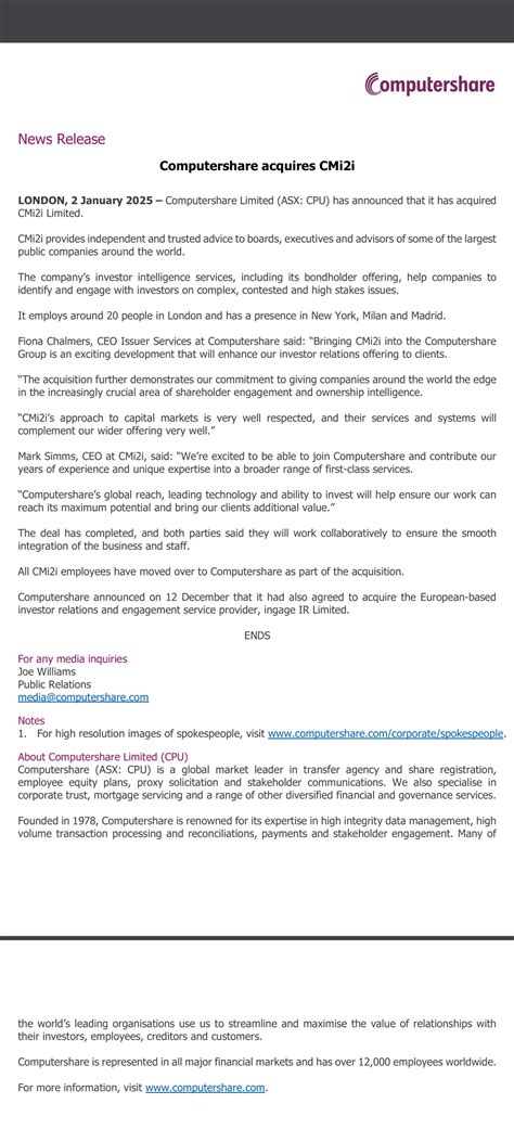 Computershare Acquires Cmi2i Official Statement Scrolller
