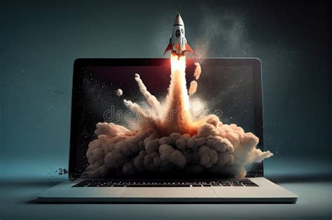 Rocket Blasting Off From The Surface Of A Laptop With The Screen In