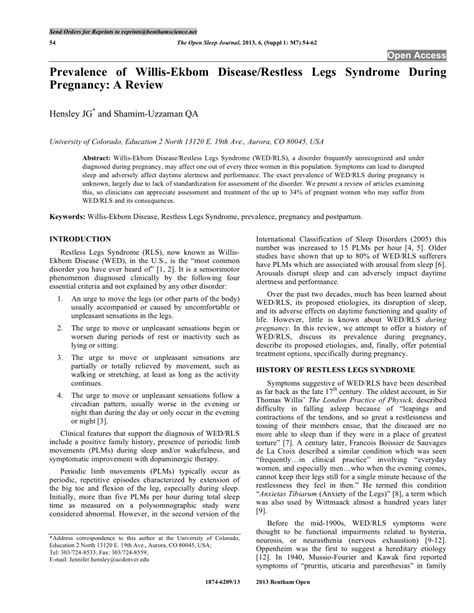 Pdf Prevalence Of Willis Ekbom Diseaserestless Legs Syndrome During