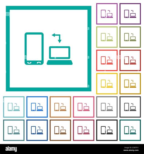 Syncronize Mobile With Computer Flat Color Icons With Quadrant Frames On White Background Stock