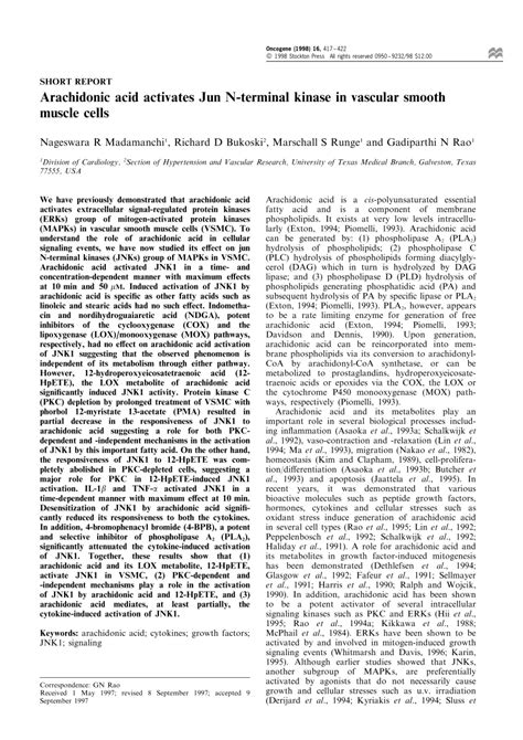 Pdf Arachidonic Acid Activates Jun N Terminal Kinase In Vascular