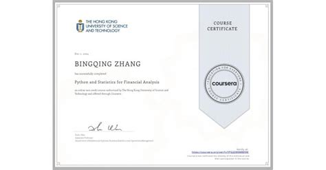 Bingqing Zhang On Linkedin Completion Certificate For Python And Statistics For Financial Analysis
