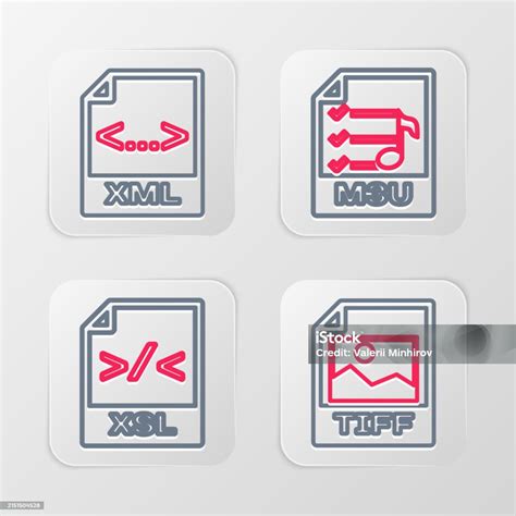 Set Line Tiff File Document Xsl M3u And Xml Icon Vector Stock