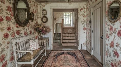 French Country Entryway French Country Entryway With Vintage Bench Floral Wallpaper And