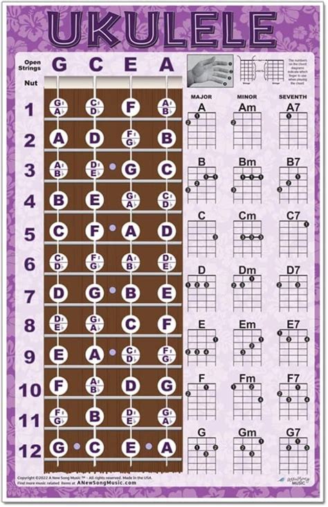 Baritone Ukulele Fretboard Notes Chord Chart Poster 1