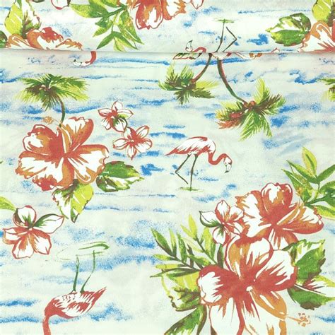 Tropical Flamingo Hibiscus Print Cotton Knit Fabric Island Jersey