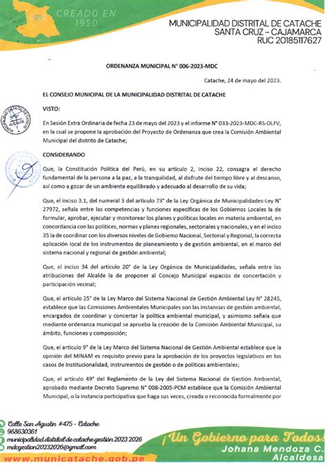 Ordenanza Municipal N 006 2023 MDC CREACIÓN DE LA COMISION