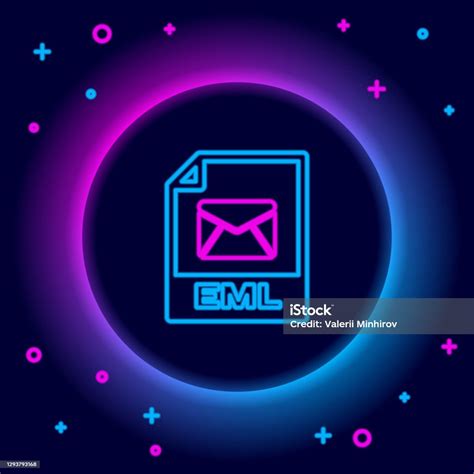 빛나는 네온 라인 Eml 파일 문서 검은 색 배경에 격리 된 Eml 버튼 아이콘을 다운로드합니다 Eml 파일 기호입니다 다채로운 개요 개념 벡터 0명에 대한 스톡 벡터 아트
