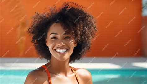 Black Woman With Afro Curls In Orange Bikini By The Pool Use Spf And