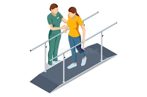 Isometric Vector Depiction Of A Female Patient Training Mobility And Balance On Parallel Bars