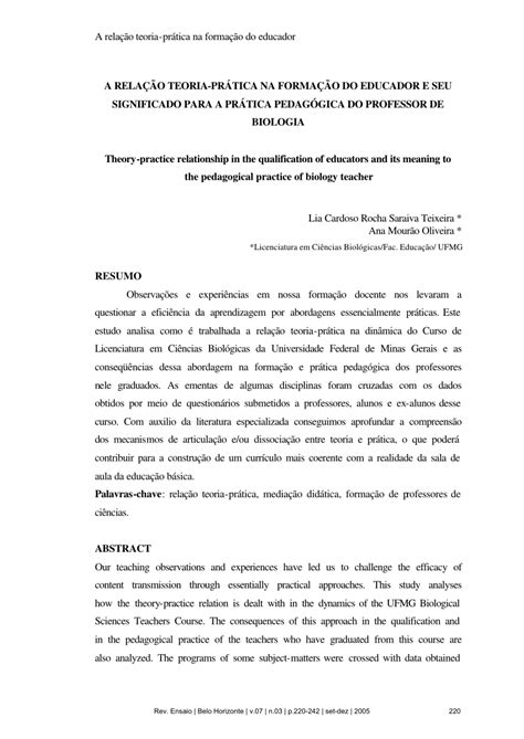 Pdf A Relação Teoria Prática Na Formação Do Educador E Seu