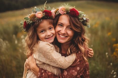 Un Abrazo De Madre E Hija En Un Campo Foto Premium