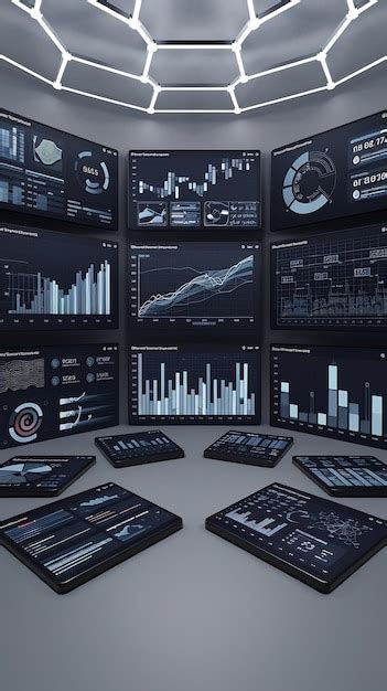 multiple screens displaying various graphs and data visualizations in a