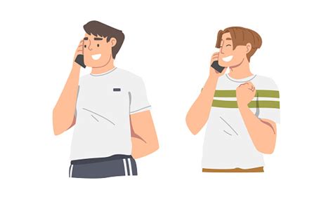 스마트 폰 세트를 사용하는 젊은 사람들 웃는 십대 소년 말하는 전화 만화 벡터 일러스트 레이 션 Brand Name Online